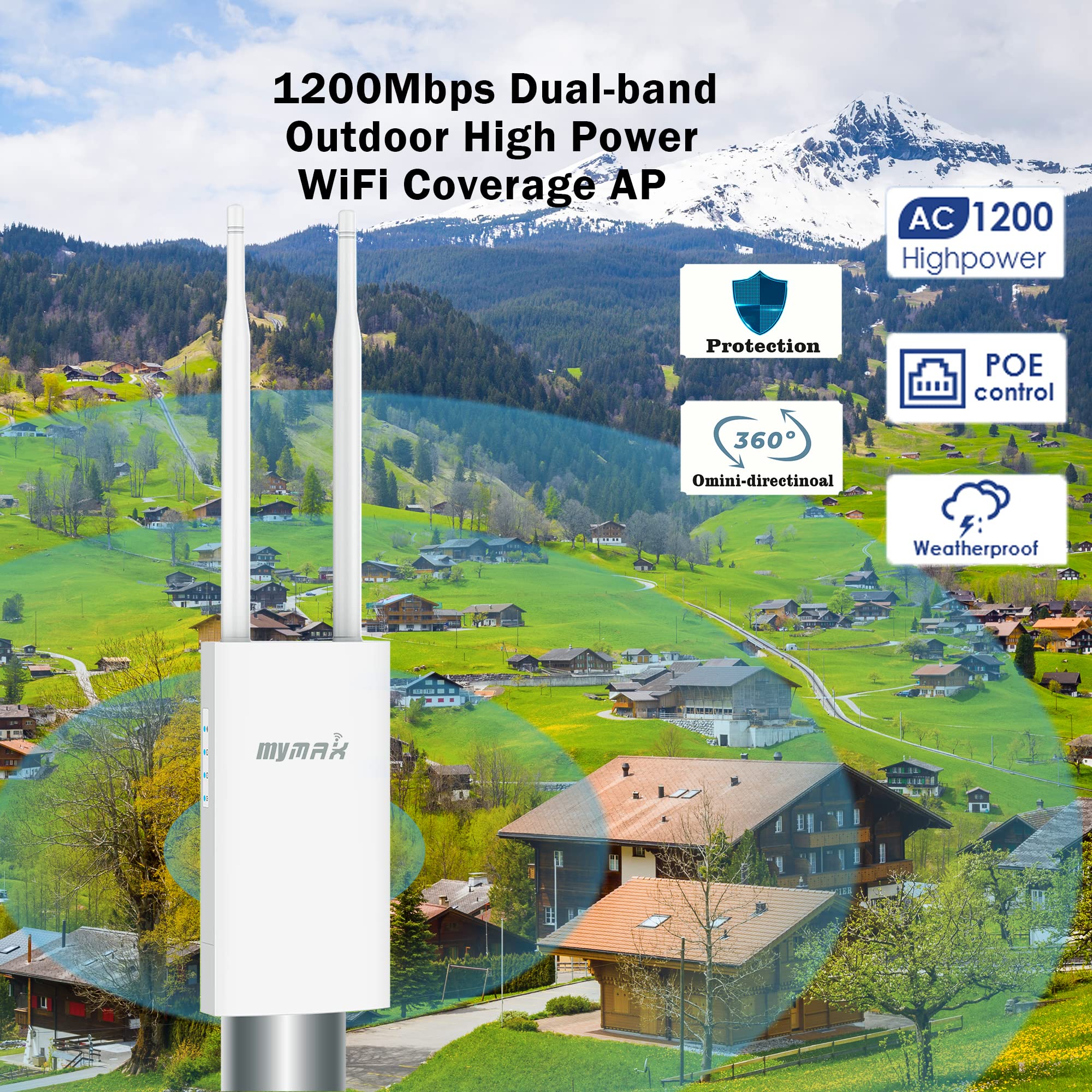 MyMAX EW72 AC1200 Long Range Outdoor WiFi Extender with 3 Chips & 2 Antennas, Dual Band 2.4+5.8GHz 1200Mbps Weatherproof Outside PoE Access Point (AP)/WiFi Booster Amplifier/Wireless Repeater/Router