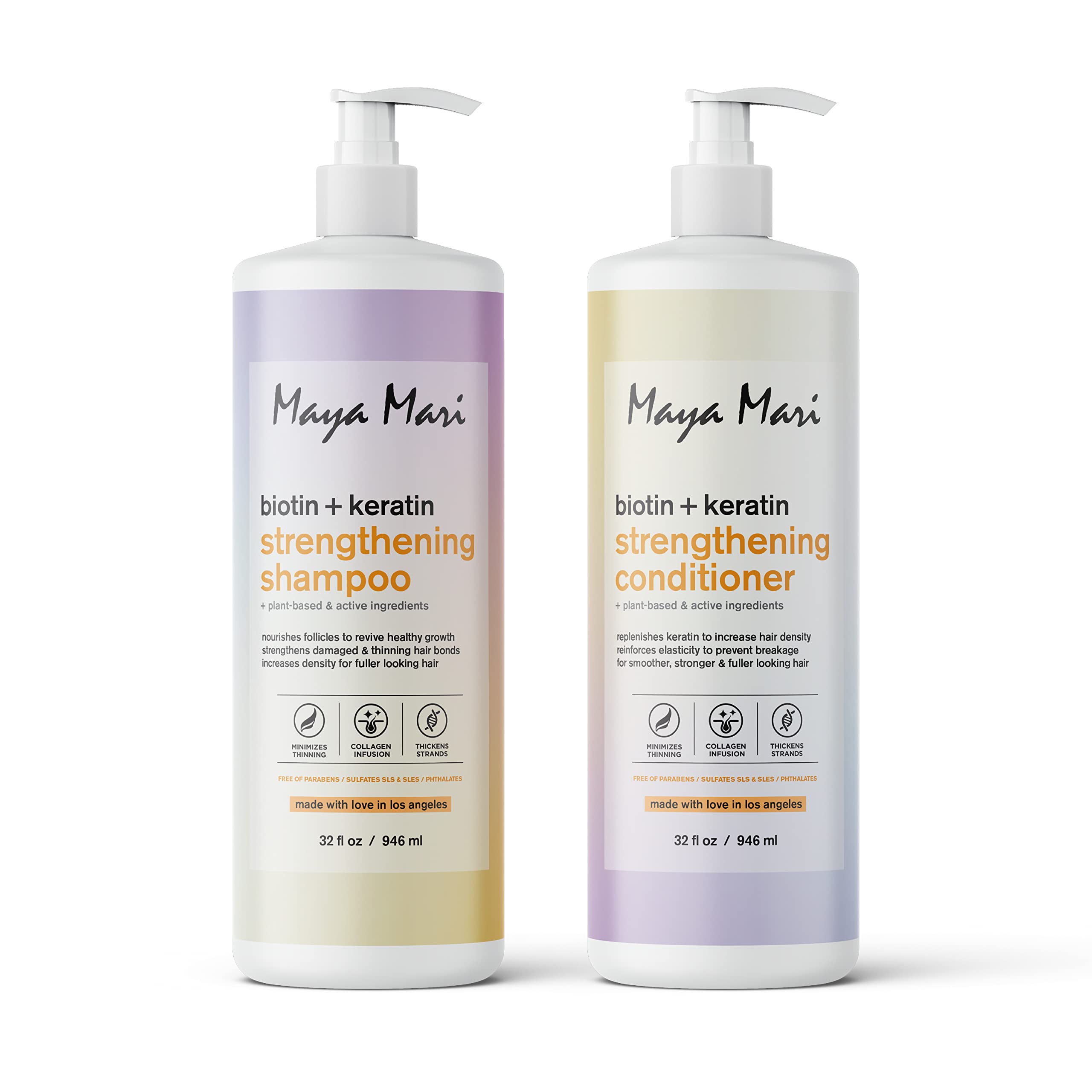 Maya Mari Biotin Keratin Strengthening Shampoo & Conditioner Set Sulfate Free Thickening for Thinning Hair, 32 fl oz ea