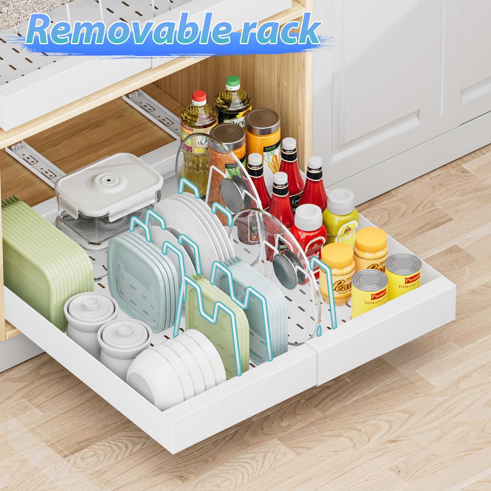 OVICAR Pull Out Cabinet Organizer - Expandable Slide Out Drawer - 21" Deep Adhesive Storage Shelf with 4pcs Divider Racks for Kitchen Pantry Bathroom Home, 12.2"-20.7" W, White