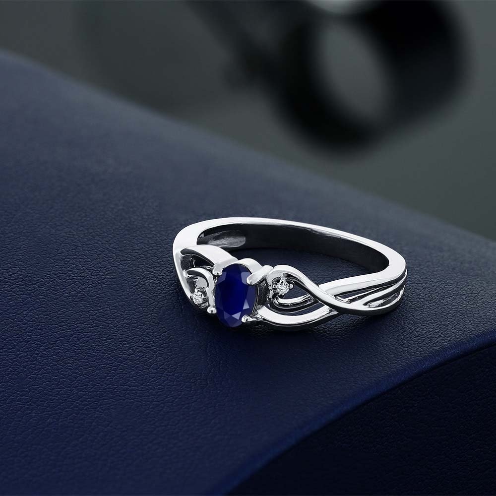 Gem Stone King 925 Sterling Silver Oval Blue Sapphire and White Lab Grown Diamond 3 Stone Engagement Ring For Women (0.56 Cttw, Gemstone Birthstone, Available In Size 5, 6, 7, 8, 9)