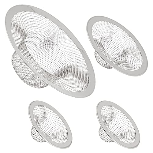 Juvale 4-Pack Mesh Sink Strainer for Kitchen, Stainless Steel Drain Screen Stoppers for Bathroom, Basket for Bathtub Hair, Wire Filter Drain Catcher (3 Assorted Sizes)