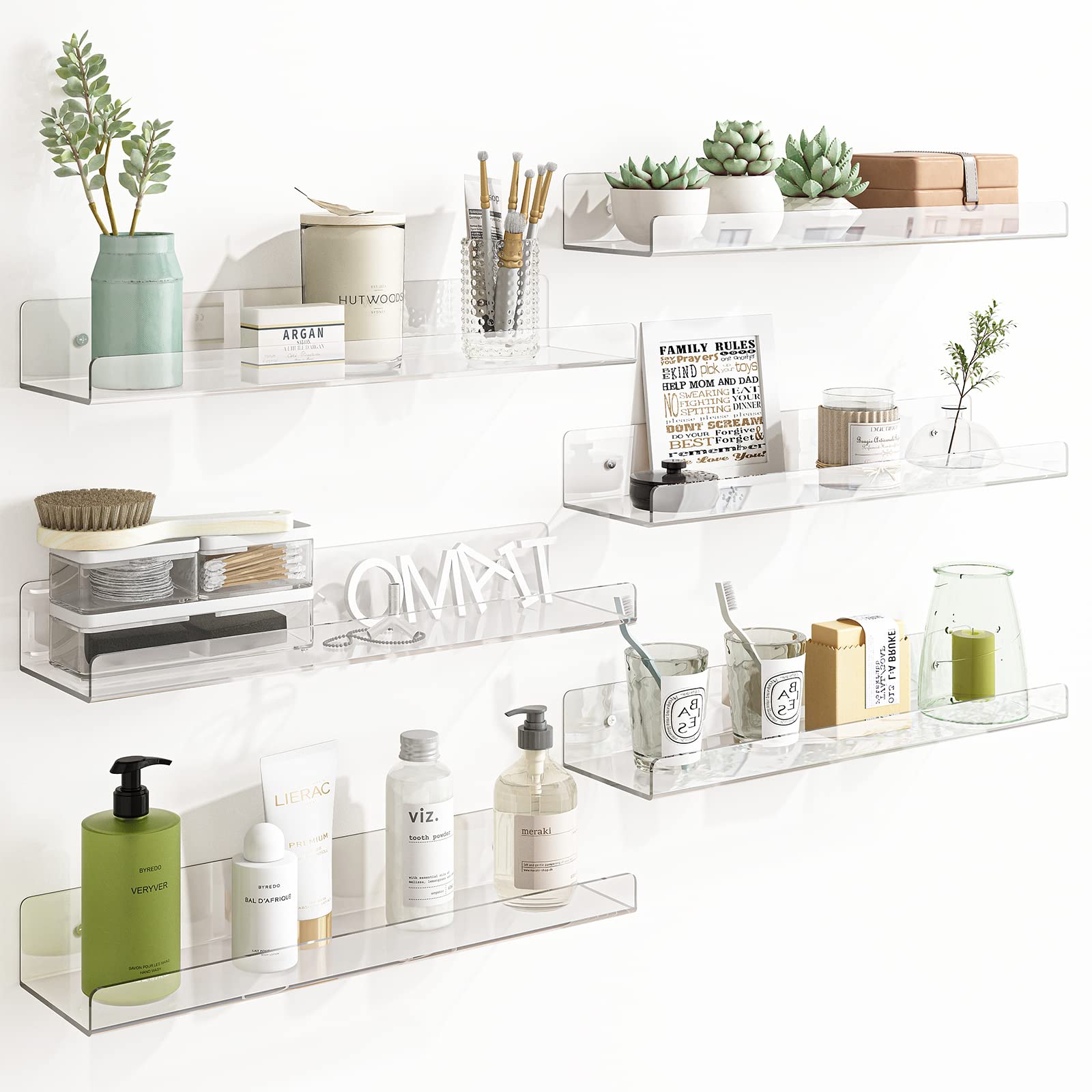 Fixwal Acrylic Shelves, 15 Inch Floating Wall Mounted Shelves, Clear Funko Pop Display Case, Invisible Bookshelf, Wall Decor for Kids and Bathroom Storage, Set of 4