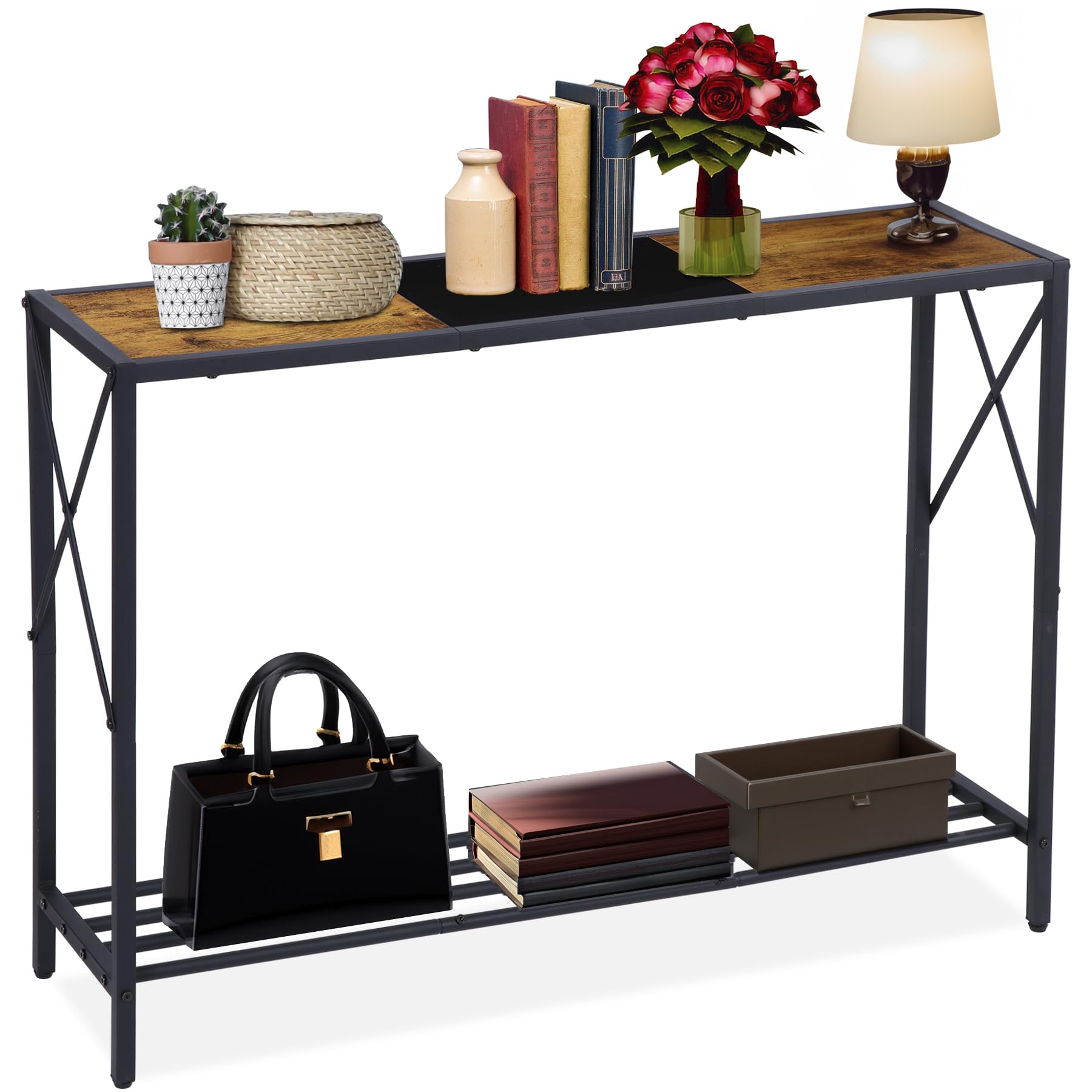 SUPER DEAL 2 Tier Console Table Narrow Entryway Table 41.7" Industrial Sofa Table with Mesh Shelf Slim Side Table for Hallway, Front Hall, Living Room, Heavy Duty Metal Frame
