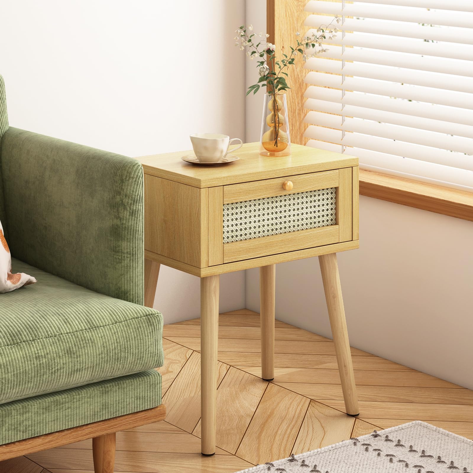 Fixwal Nightstand Set of 2, Small Mid-Century End Table with Rattan Door, Rattan-Like Bedside Table with Storage Space, Boho Side Table for Bedroom, Living room, Natural