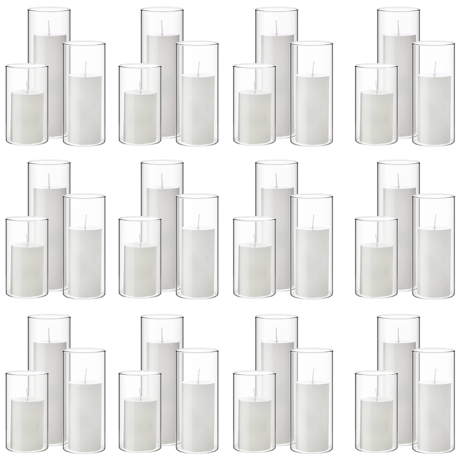 Shihanee Set of 36 Pillar Candles and Glass Cylinder Vases Clear Cylinder Candle Holders for Slim Pillar Candles Wedding Centerpieces (White,2.6'' X 4.7'', 5.9'', 7.9'')