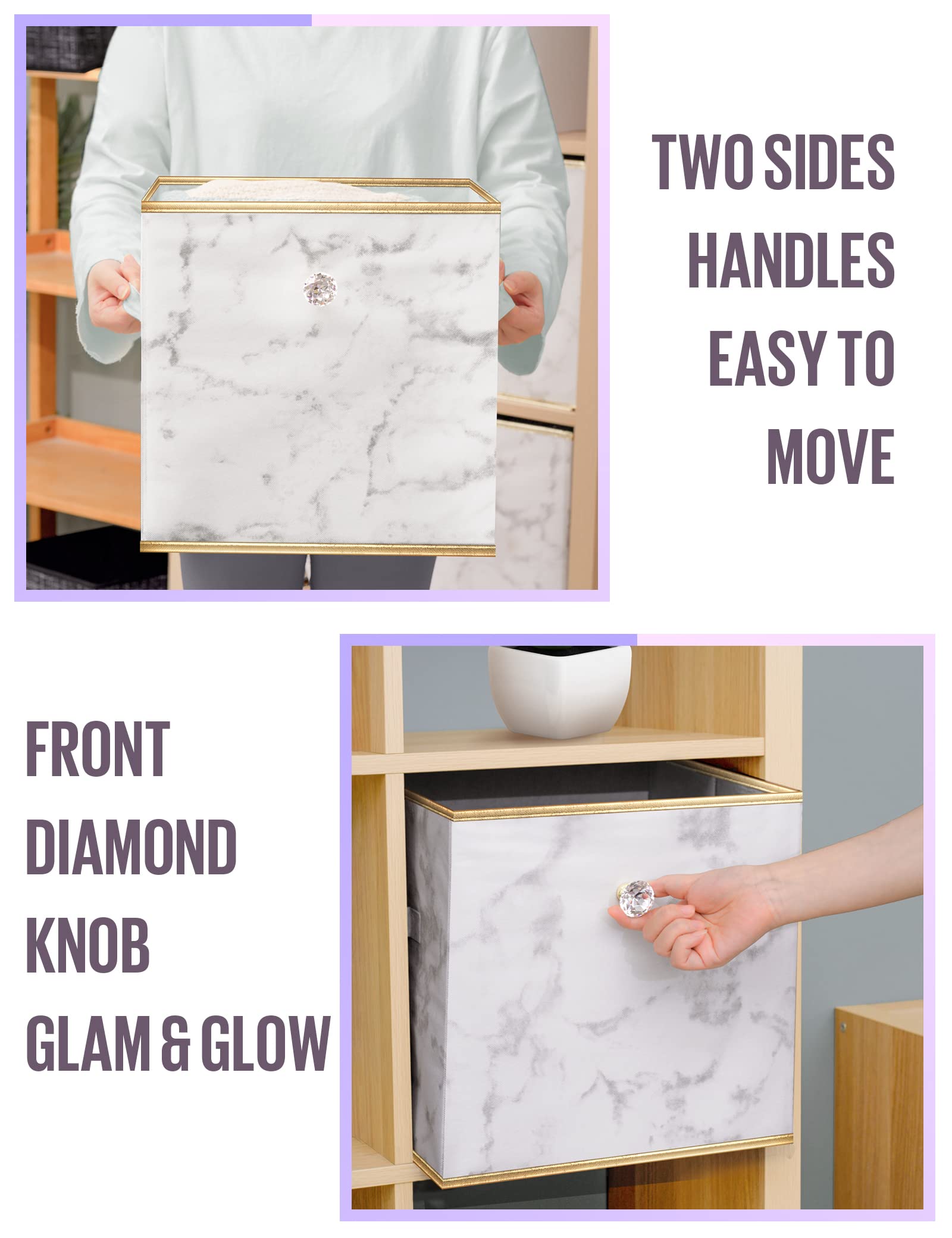 MYTHAUS Storage Cubes Fabric Bins - Foldable Cube Storage Bin,Closet Organizer with Decorative Knob,Dual Handles Storage Basket,13 Inch for Nursery/Home Office/Closet 4 Pack(White Marble)