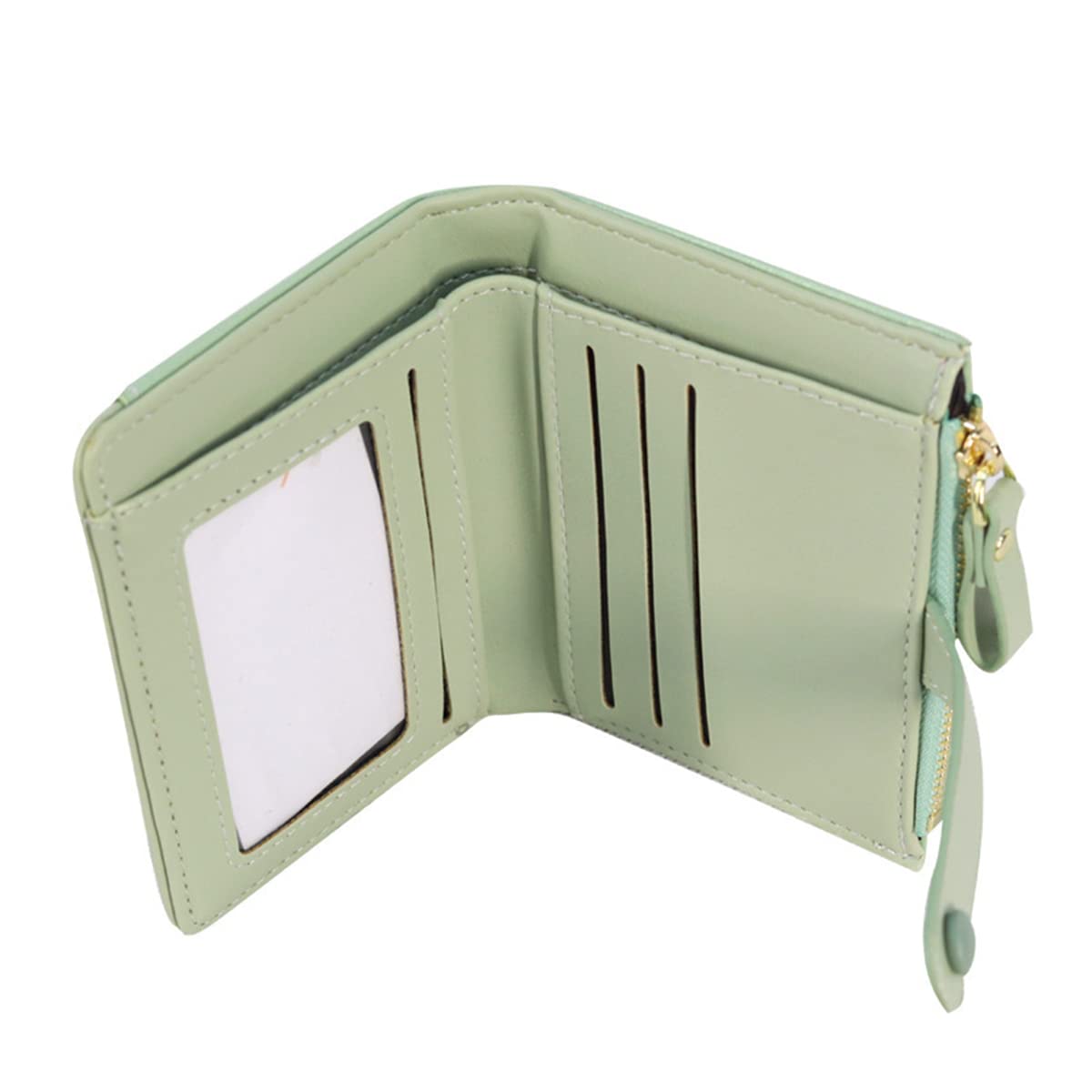 LUNJIAXU Women's Leather Buckle Compact Bifold Zipper Pocket Wallet Rfid Blocking Card Case Purse with id Window Matcha green