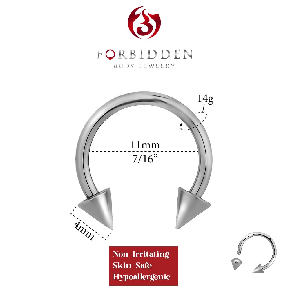 Forbidden Body Jewelry 14g 11 mm (7/16") Titanium Double Spike Horseshoe Body Piercing Ring, 4 mm Cones