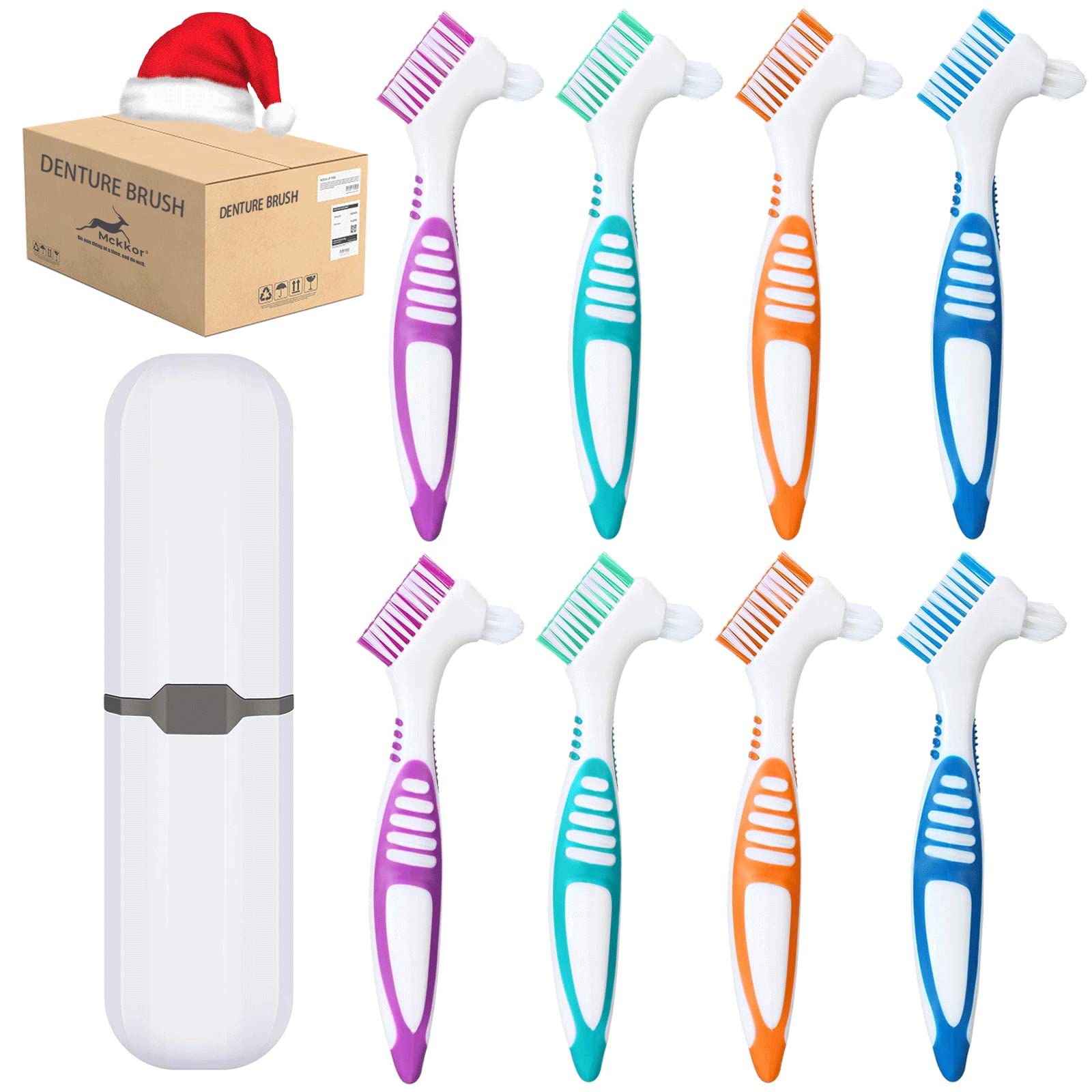 Mckkor Premium Hygiene Denture Brush Toothbrush, Battery Powered, Adult Unisex, Multi-Layered Bristles & Ergonomic Rubber Handle, 8 Pack