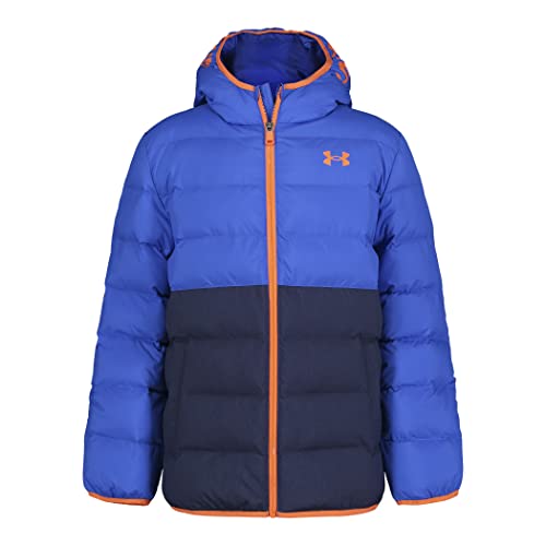 Under Armour Boys' Pronto Colorblock Puffer Jacket, Mid-Weight, Zip Up Closure, Repels Water, Versa Blue/Orange, 5