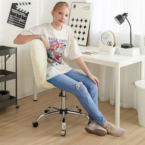 Urban Lifestyle Mongolian Faux Fur Task Chair, Adjustable, 28D x 19W x 34H in For Office, Ivory