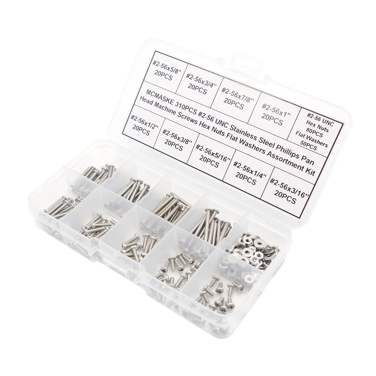 MCMASKE 310PCS #2-56 UNC Stainless Steel Phillips Pan Head Machine Screws Hex Nuts Flat Washers Assortment Kit
