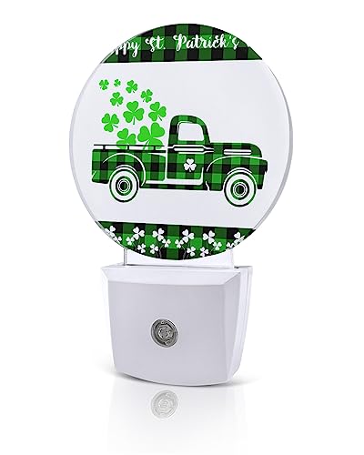 Night Light Plug into Wall, LED Nightlights Happy St. Patrick's Day Lucky Shamrock Green Checkered Truck Small Nightlight Auto Dusk-to-Dawn Sensor Lamp LED Night Lights for Kid's Bedroom, Bathroom