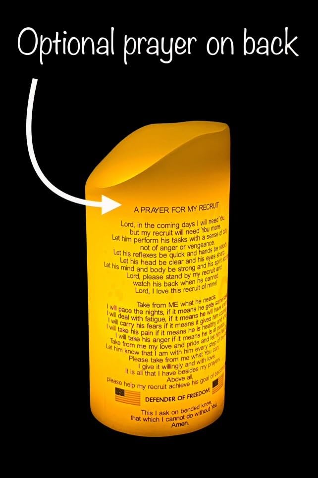 Ships Fast from Texas! Personalized Crucible Smooth Wax LED Flameless Flickering Prayer Candle with Name, Battalion, Company, and Platoon.