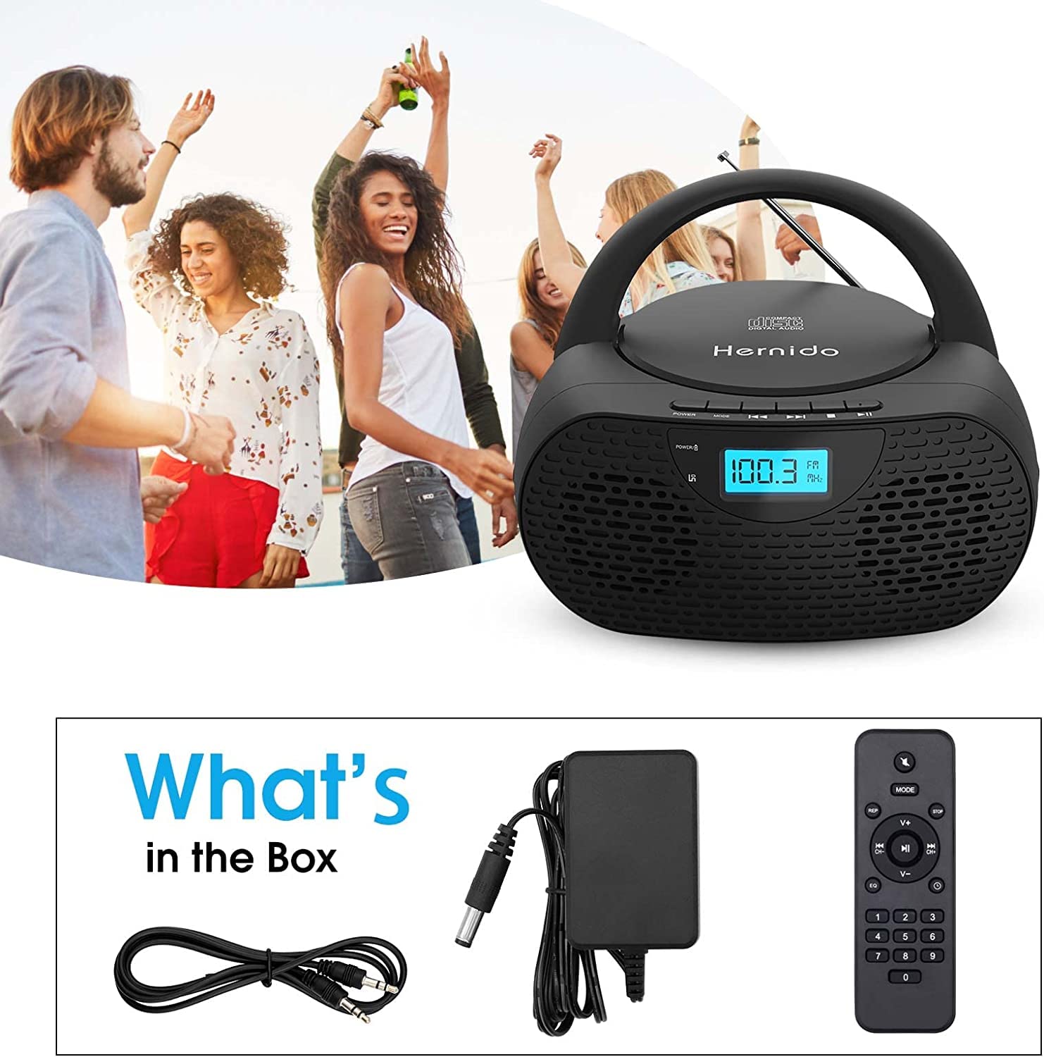 Portable Bluetooth CD Boombox, Mini Small CD Player with Remote Control, Rechaegeable FM Radio, Stereo Sound Speaker Audio Player, USB Port, AUX Input Headphone Jack (Black)
