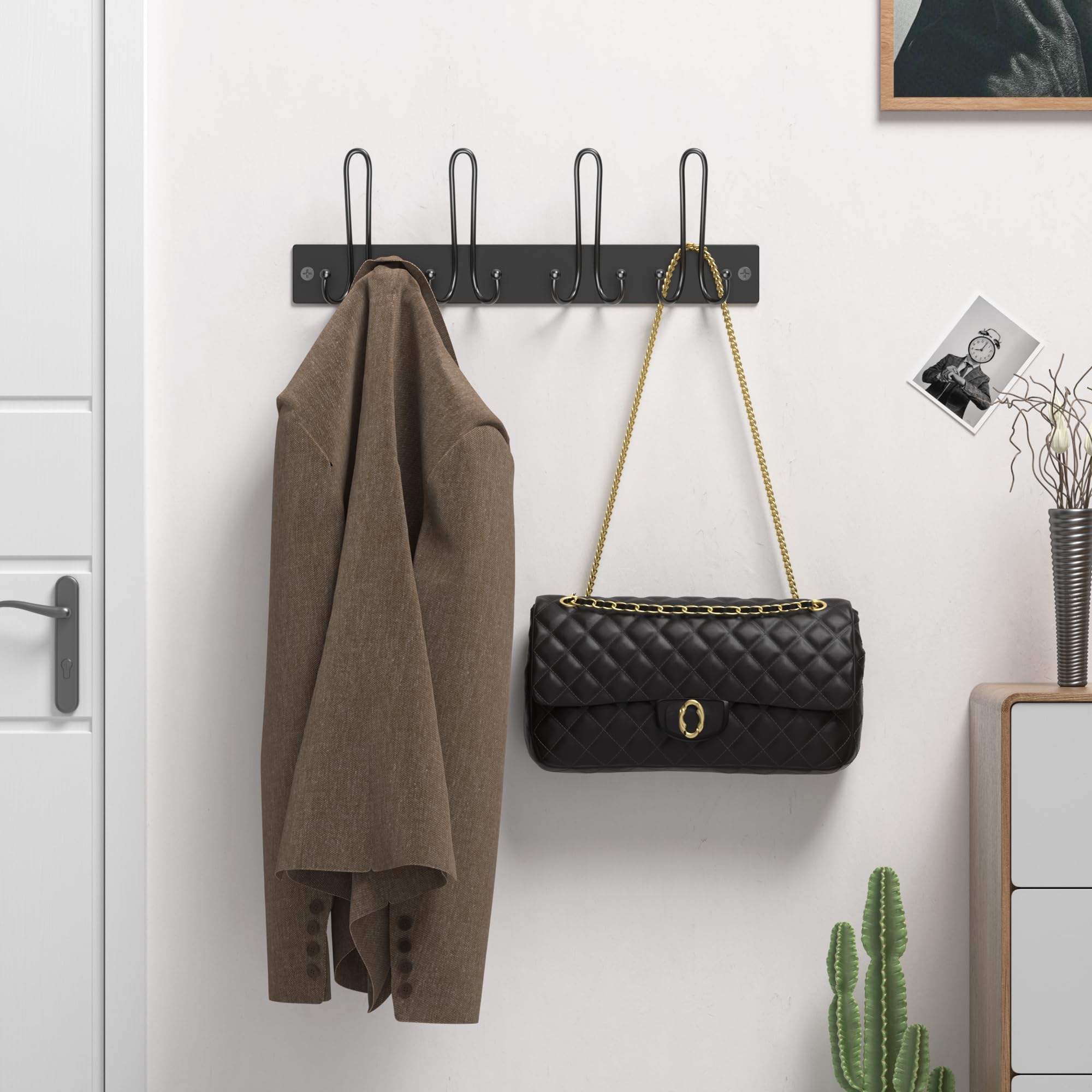 niffgaff Coat Rack Wall Mount - 4 Tri Coat Hooks Wall Mounted Hanging Coat, Jacket, Purse, Backpack, Clothes, Towel, Black Wall Hanger for Entryway, Bedroom, Bathroom, Living Room