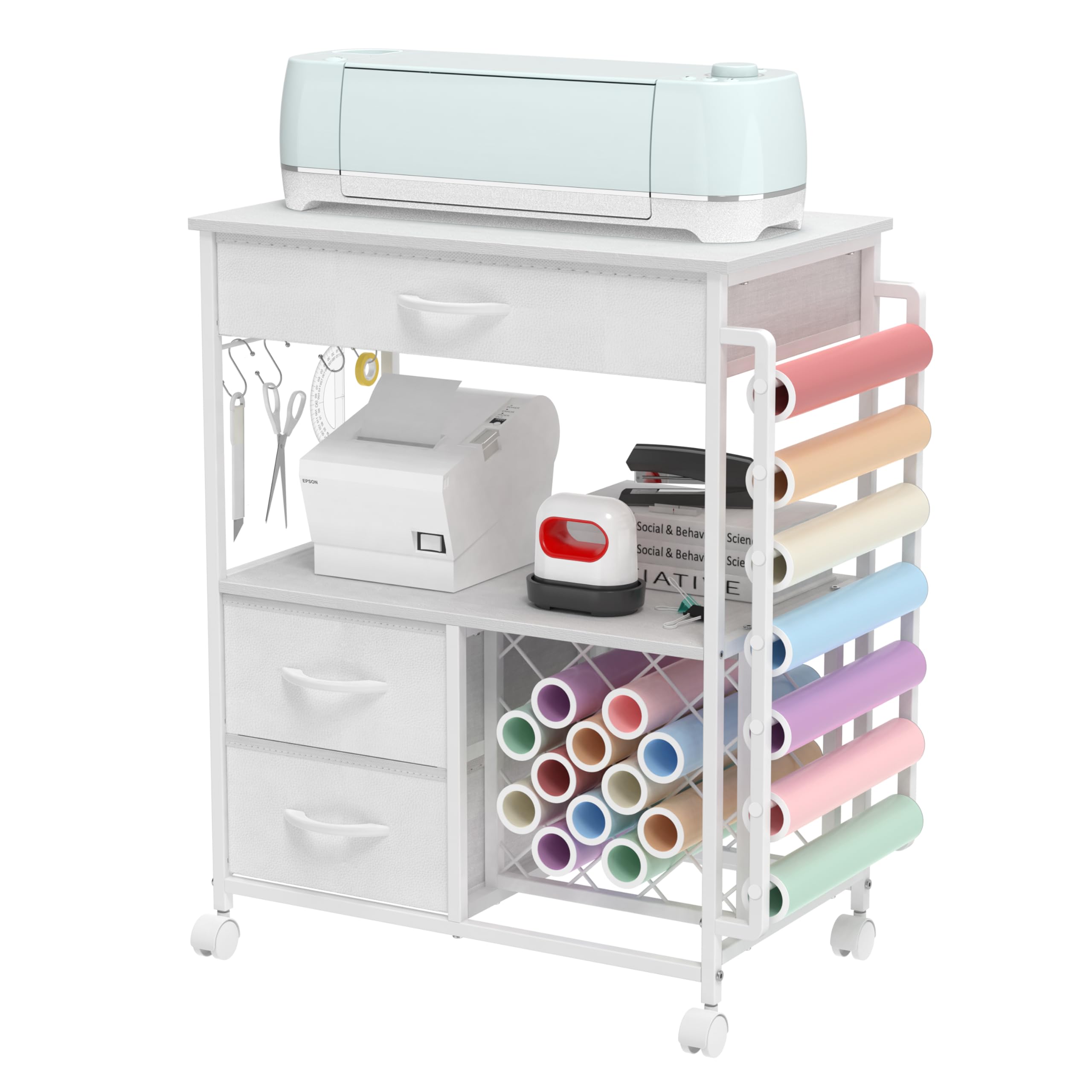 VENNQD Storage Cart Compatible with Cricut Machines Stand Cutting Machine Stand with Drawers and Vinyl Roll Holder Rolling Craft Cabinet Table for Cricut Craft Workstation (Rustic Brown)