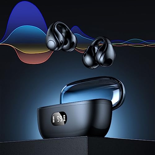 Open Ear Headphones Wireless Bluetooth 5.3,Noise Cancelling Earbuds,HiFi Stereo Headphones,Wireless Headphones, Ear Stereo Bass Headset with Earhooks LED Battery Display (Black)