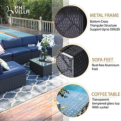 PHI VILLA Outdoor Patio Sectional Furniture Set 5 Piece Low-Back Rattan Sofa Set Wicker Patio Conversation Set with 4 Seat Cushions and 1 Tempered Glass Table (Navy Blue)