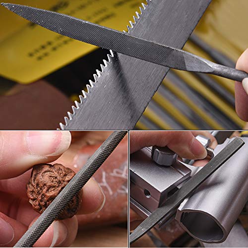 KALIM Mini Needle File Set (Carbon Steel 6 Piece-Set) Hardened Alloy Strength Steel - Set Includes Flat, Flat Warding, Square, Triangular, Round, and Half-Round File(6'' Total Length)