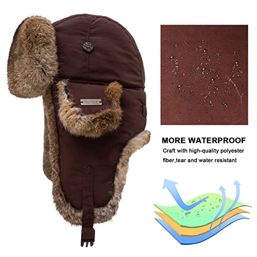 Winter Trapper Hat for Men Women Russian Fur Winter Ushanka Hat Men Aviator Bomber Hat with 100% Rabbit Fur Mens Trapper Hat Brown
