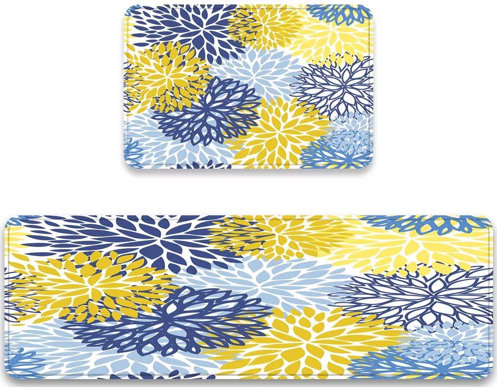 Kitchen Rug Set 2 Pieces Green Spring Floral Blue Yellow and Navy Chrysanthemum Flowers Comfort Mat Cushioned Floor Mats Washable Doormat Anti Fatigue Non-Slip Kitchen Runner Rugs Bedroom Area Carpet