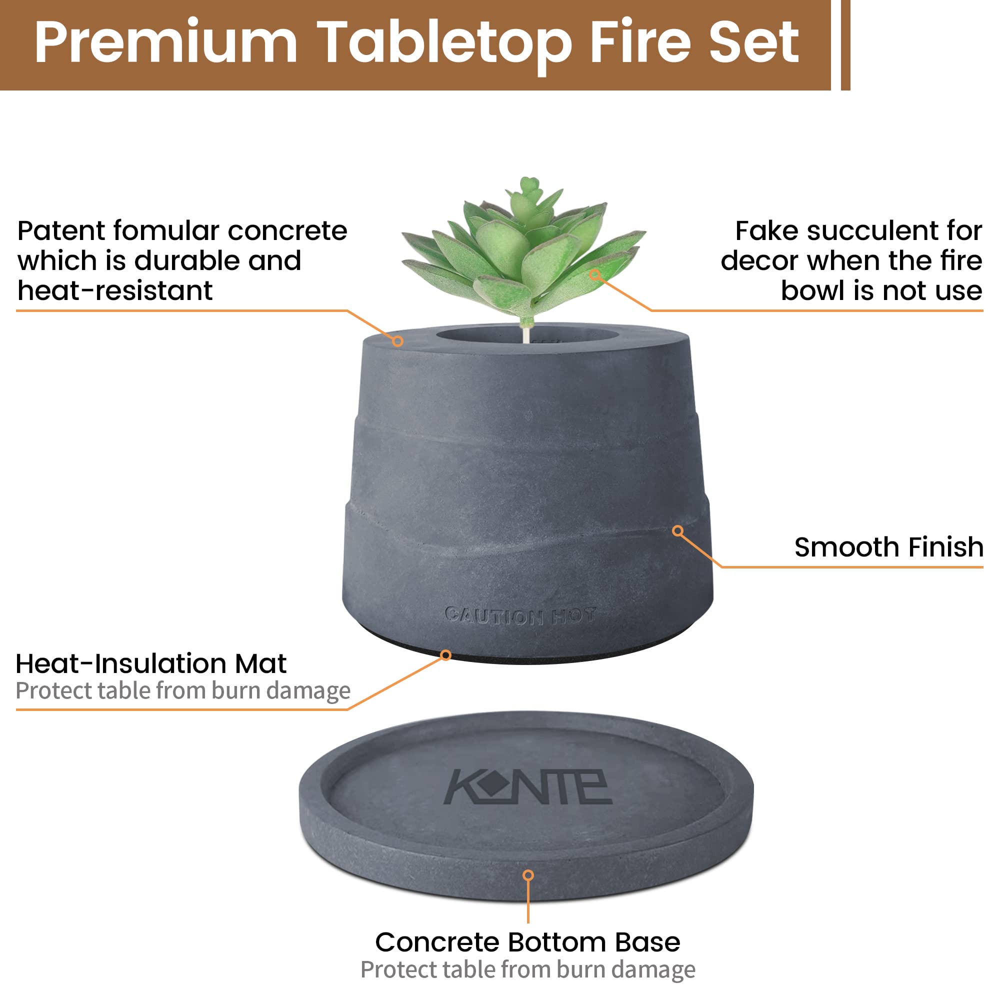 Kante 5.1 in. W Small Cake Portable Concrete Rubbing Alcohol Tabletop Fire Pit with Metal Extinguisher and 6 in. Dark Gray Base, Ethanol Fireplace, Indoor Outdoor Décor, Table Top Fire Pit Bowl Pot