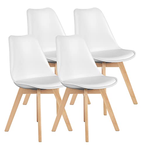 OLIXIS Dining Chairs Set of 4 Mid-Century Modern Dinning Chairs, Living Room Bedroom Outdoor Lounge Chair PU Leather Cushion and Wood Legs, White