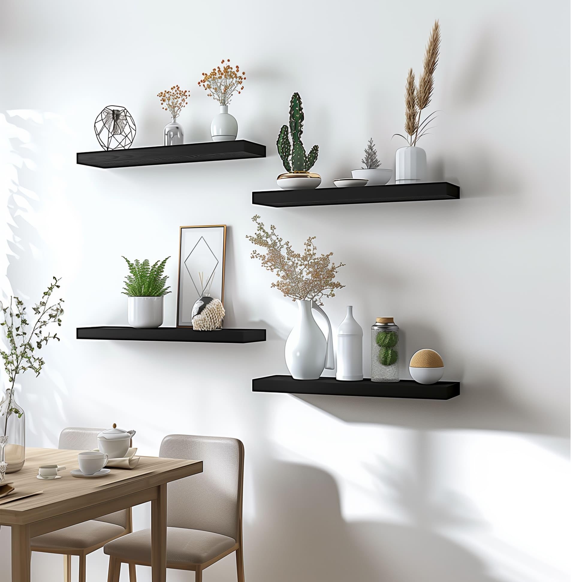 YYWUOJJ Wood Floating Shelves for Wall Decor, Rustic Wall Shelves for Bedroom Bathroom Kitchen Living Room, Set of 6 Black