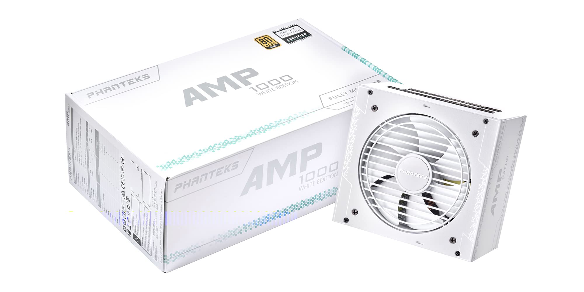 Phanteks (PH-P1000G_WT02) AMP 1000W V2 80PLUS Gold, ATX Power Supply, 12VHPWR Included, Fully Modular, Hybrid Mode, Silent Fan, Revolt PRO Link Certified (White)