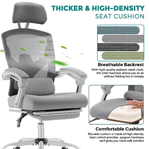 OLIXIS Gaming Ergonomic Foot Rest Reclining, High Back Mesh Home Office Computer Desk Chair with Wheels, Adjustable Headrest, Grey
