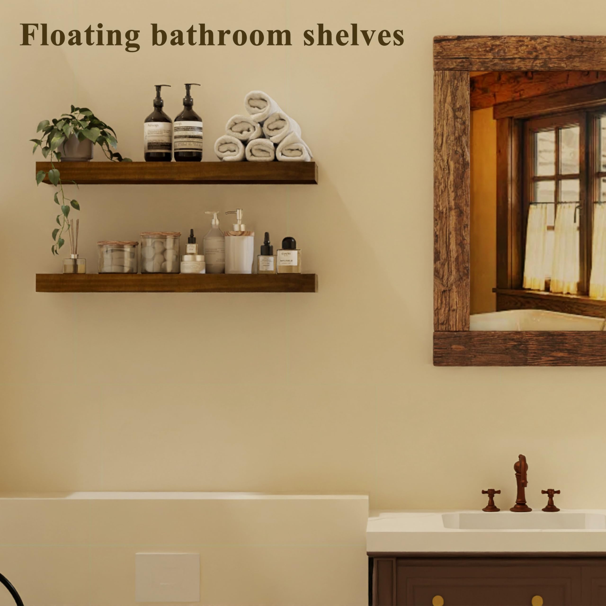 ROGMARS 36 Inches Long Walnut Floating Shelves,Rustic Solid Wood Farmhouse Wall Shelves with Invisible Brackets for Bathroom, Living Room, Bedroom, Kitchen Set of 2