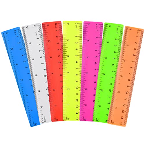 Unjoo Clear Plastic Ruler 6 Inch Straight Ruler, Bulk Assorted Colors, Shatterproof Ruler with Inches and Centimeters for School Classroom, Home, or Office (7 Pack)