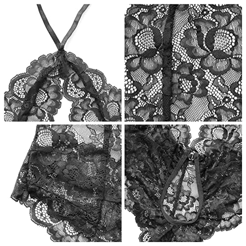 Maiyifu-GJ Womens Deep V Floral Lace Bodysuit One Piece Sexy Halter Babydoll Negligee See Through Backless Teddy Lingerie (Black,3X-Large)