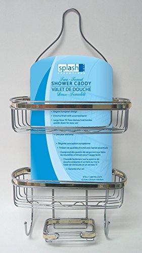 Splash Home Bathroom Shower Door or Hanging From Shower Head Caddy With Two Basket Organizers Plus a Soap Dish For Storage Shelves For Shampoo, Conditioner and Soap – Silver Chrome