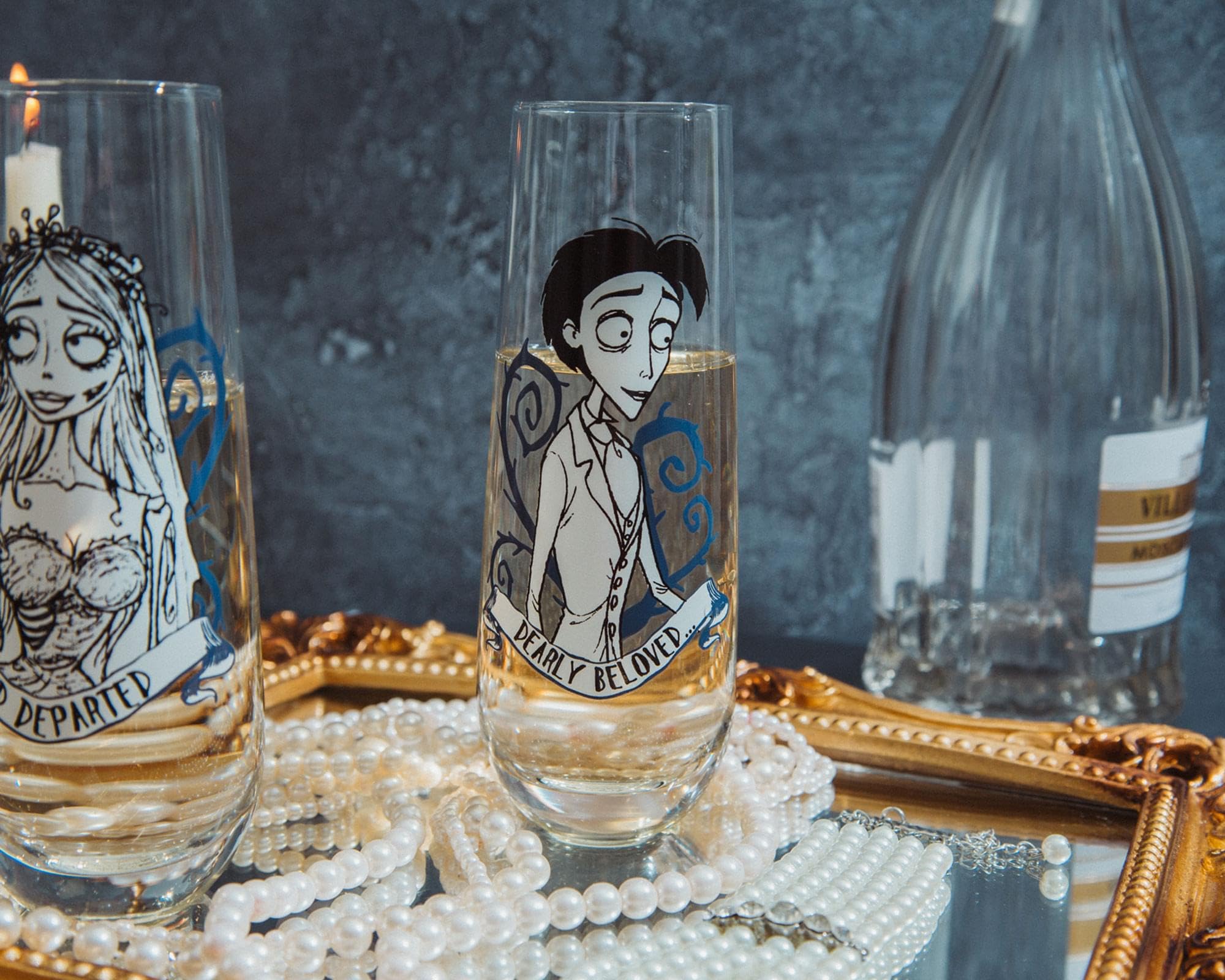 Silver Buffalo Tim Burton's Corpse Bride Dearly Beloved 9-Ounce Stemless Fluted Glassware, Set of 2 | Toasting Champagne Glass Cups For Wine, Mimosas, Cocktails