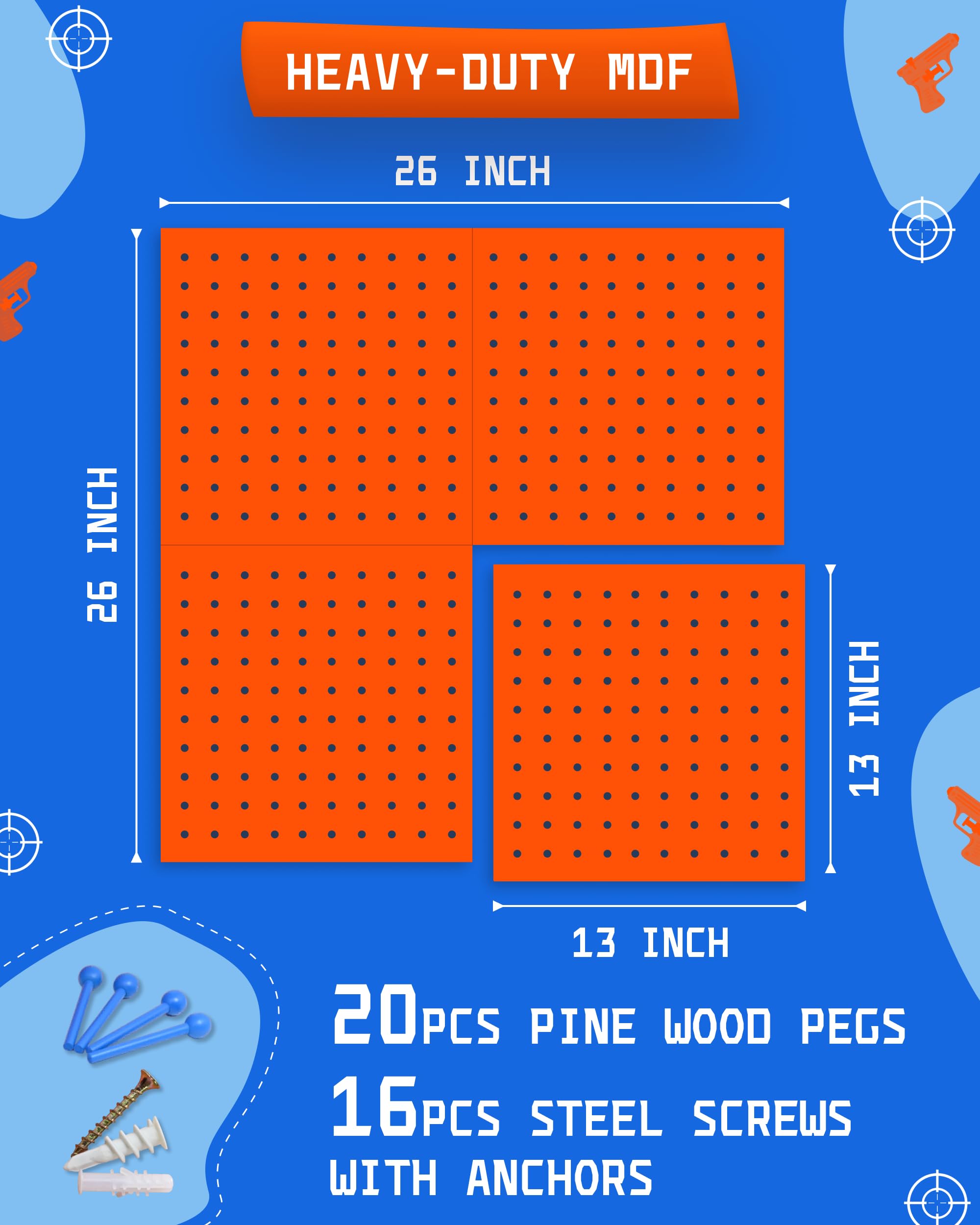 Skywin Peg Board for Nerf Gun Storage Organizer - Hanging Holder Compatible with All Blasters Nerf Gun Rack Organizer for Wall Organization (Orange)