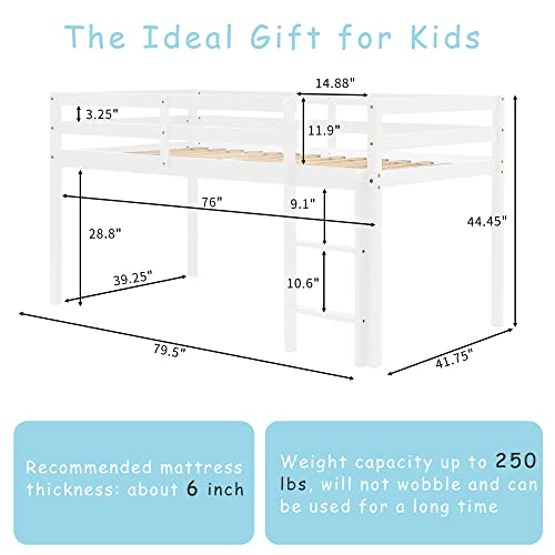 Tmosi Low Loft Bed Twin,Solid Wood Kids Twin Bed Frame with Ladders and Guard Rails,Space Saving Twin Size Loft Bed for Girl Boy,No Box Spring Needed,Easy to Assembly (Built-in Ladder-White)