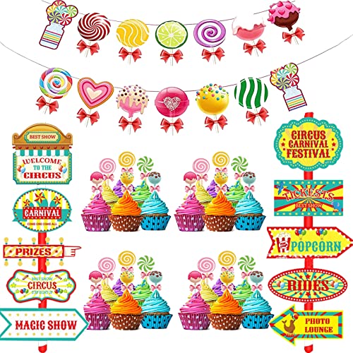 UOMNICUE 37PCS Candyland Party Decorations Set, Candyland Sign Banner Lollipop Cupcake Toppers for Sweet Candyland Themed Kids Baby Birthday Party Decoration Christmas Party Supplies