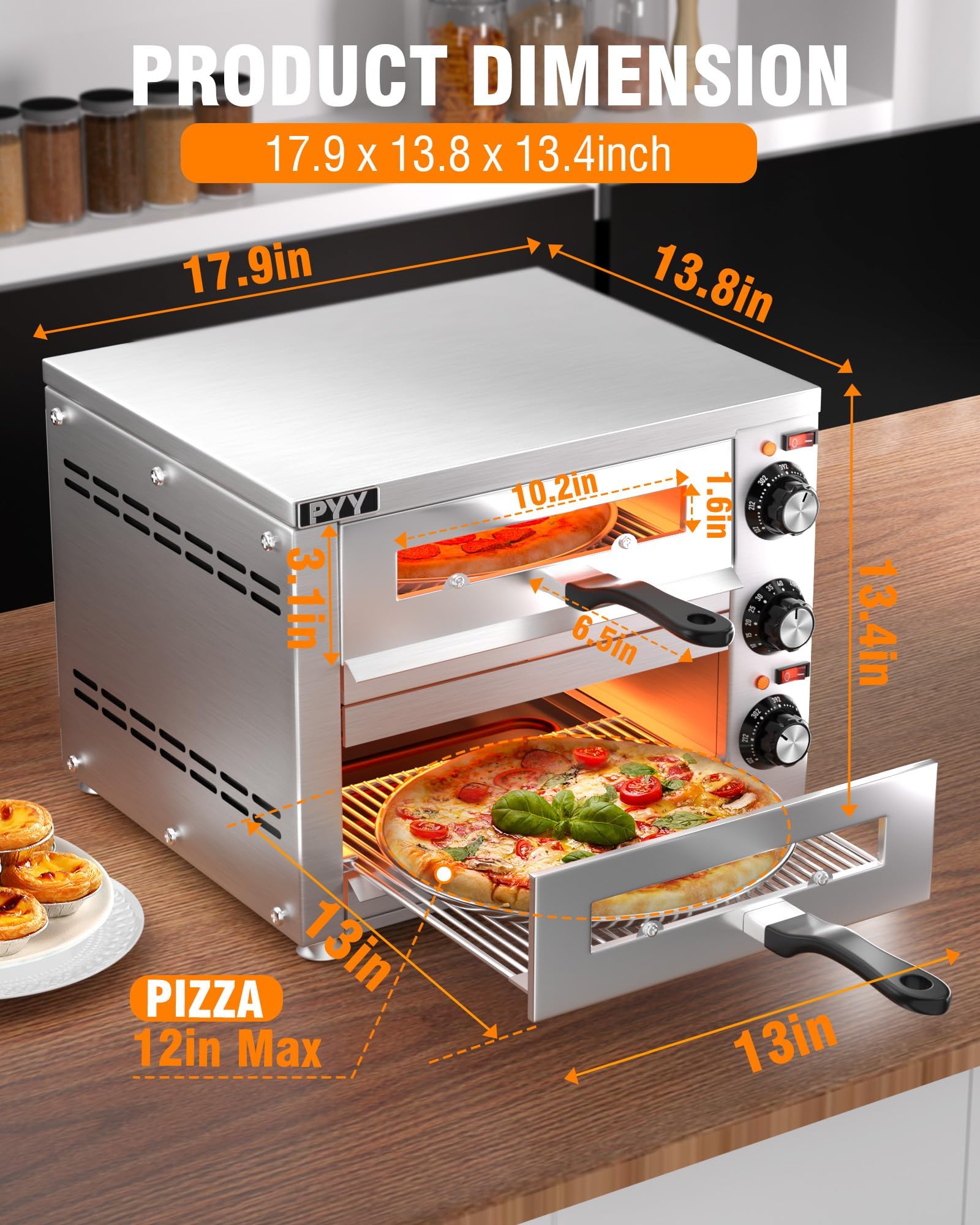 PYY Countertop Pizza Oven Electric Indoor Pizza Oven with Viewing Window Commercial Stainless Steel 2-Layers Pizza Cooker with Timer for Home Restaurant