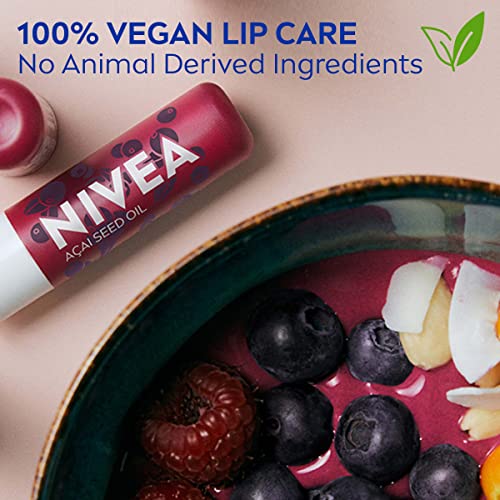 NIVEA Vegan Lip Care Acai Seed Oil and Shea Butter Lip Balm Stick, 0.17 Oz, Pack of 4