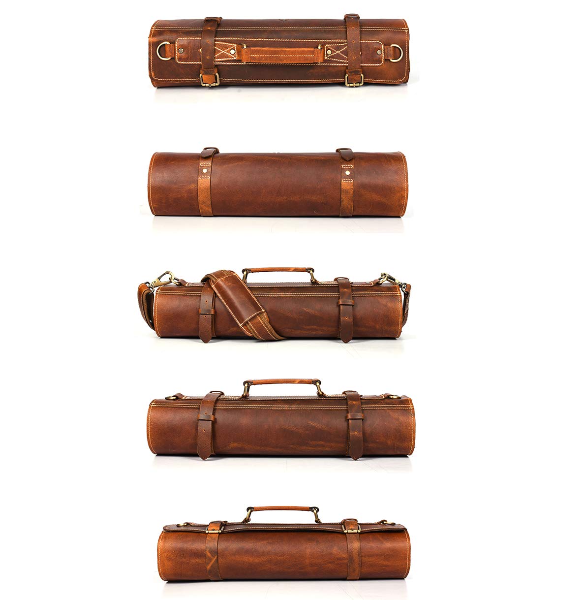 Leather Knife Roll Storage Bag, Elastic and Expandable 10 Pockets, Adjustable/Detachable Shoulder Strap, Travel-Friendly Chef Knife Case (Leather - Light Brown)