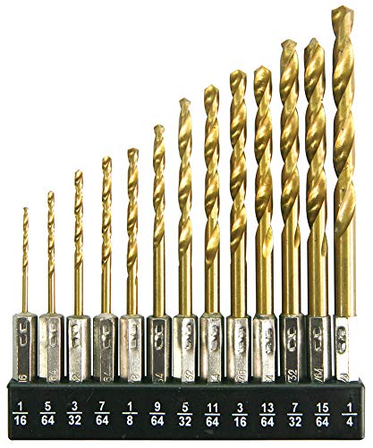NORTOOLS Hex Shank Drill Bit Set 13 PCS High Speed Steel Titanium Coated Twist Drill Bits 1/4 Inch Quick Change Hex Driver Set for Wood Plastic Aluminum Alloy (1/16" - 1/4")