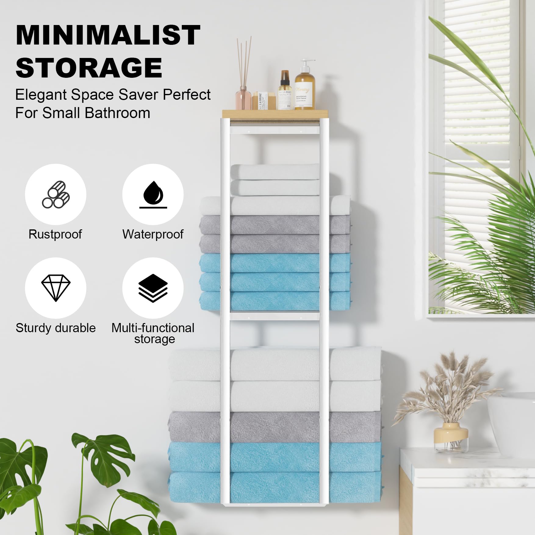 Rolled Towel Racks for Bathroom Wall Mounted, Wall Towel Rack for Large Bath Rolled Towels, Metal Wall Towel Holder Mounted Towel Storage for Small Bathroom (White, 2 Tier)