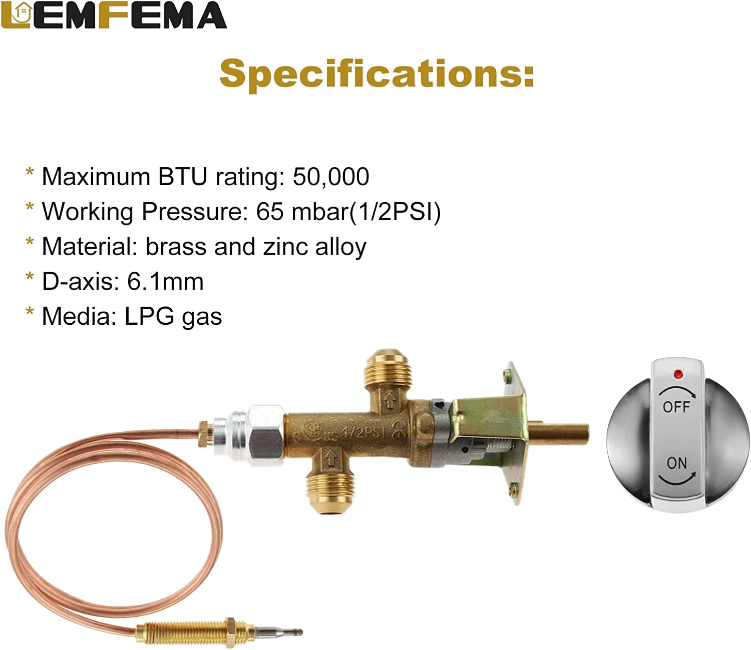 Lemfema Low Pressure LPG Propane Gas Fireplace Fire Pit Flame Failure Safety Control Valve with Thermocouple Knob Switch Kit with 5/8β-18UNF(3/8" Flare Inlet & Outlet) for Propane Fire Pit, Fireplace