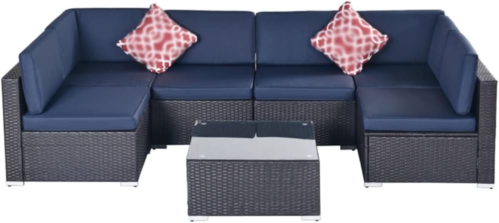 Garden Terrace Furniture 7-Piece PE Rattan Wicker Cuts Padded Sofa Sets with 2 Cushions and Coffee Table