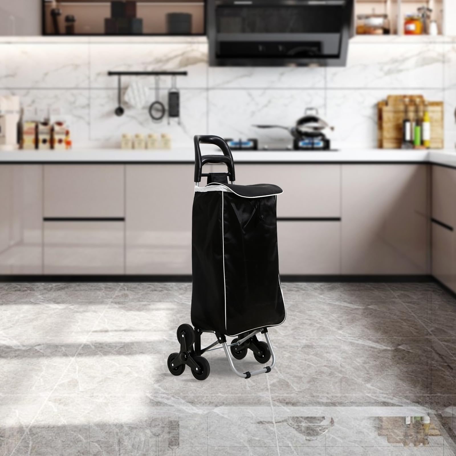 Shopping Truck Stair Climber Folding Grocery 6Wheels Cart Foldable Shopping Bag Hand Truck 37 inch Handle Height Storage 13.77'’x11''x37'' (BK)