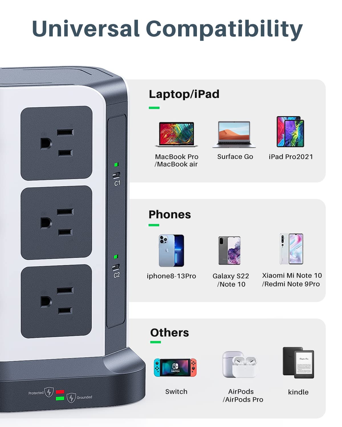 KOOSLA [65W] PD Power Strip Tower Surge Protector, USB C Desktop Charging Station with 12 Widely Spaced AC Outlets / 2 USB-C / 3 USB-A Ports, 6.5ft Heavy-Duty Extension Cord for Home Office Dorm…