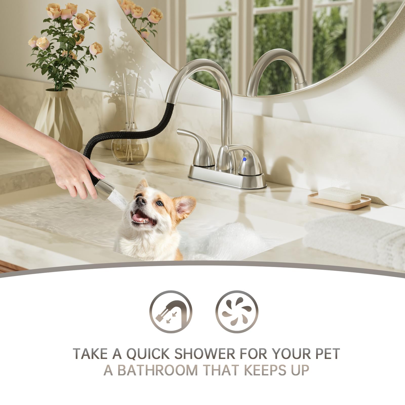 Phiestina Pull Down Sprayer Chrome 4 Inch Bathroom Faucet,3 Hole Centerset Pull Out Bathroom Sink Faucet,with 360 Swivel Spout,Metal Pop-Up Drain and Water Supply Lines,BF04007-B11-C
