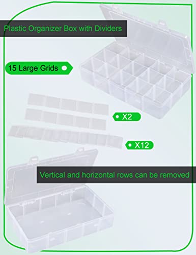 Tnqhuq Plastic Organizer Box Craft Box Bead Organizer Tackle Box Organizer 2 Pack 15 Large Grids Clear Craft Storage Box Snackle Box Container Washi Tape Organizer